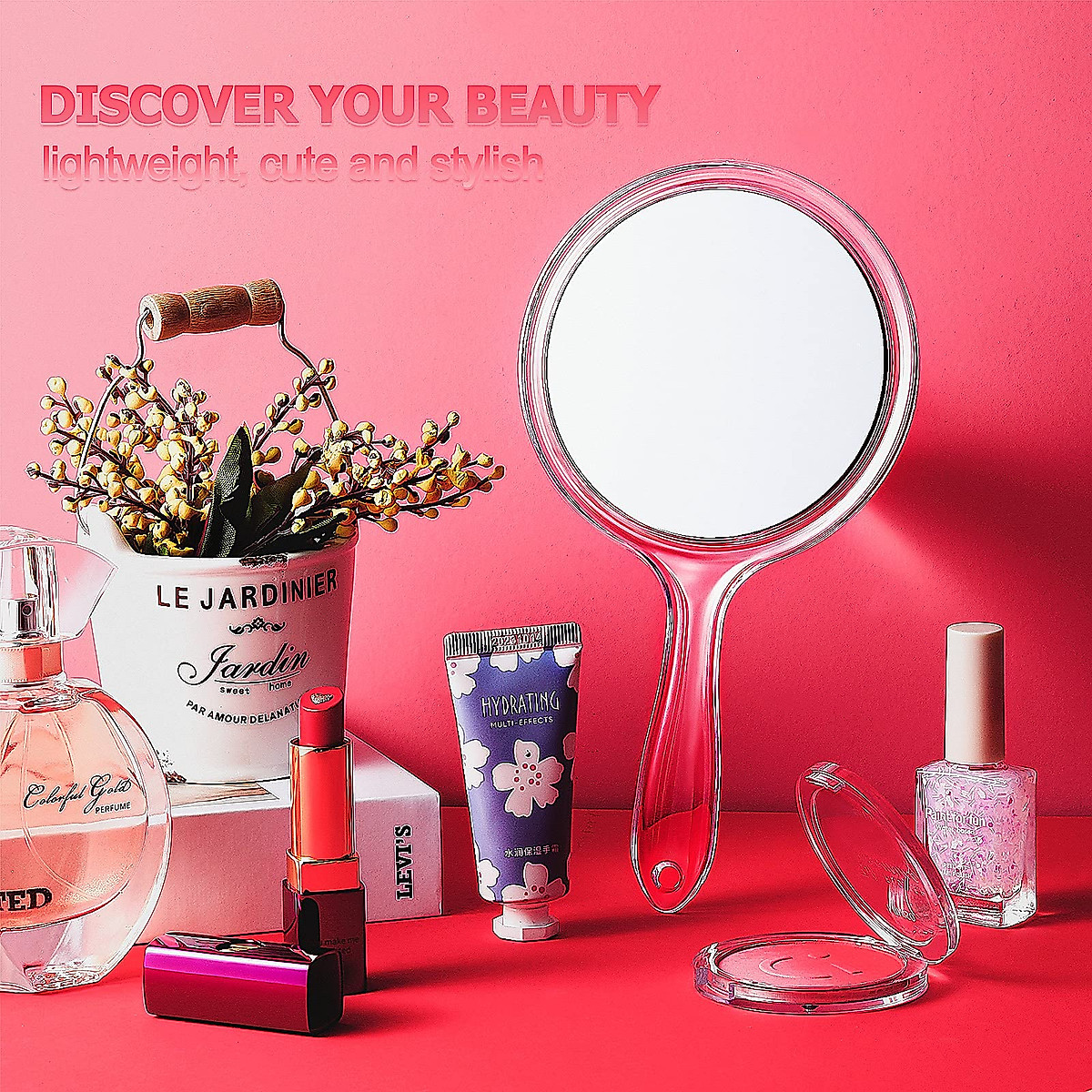 Jetec Hand Mirror Double-Sided Handheld Mirror 1X/ 2X Magnifying Mirror with Handle Transparent Hand Mirror Rounded Shape Makeup Mirror (Clear)