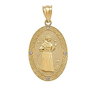 10k Gold Saint Francis Of Assisi Diamond Oval Medal Charm Pendant (Medium)