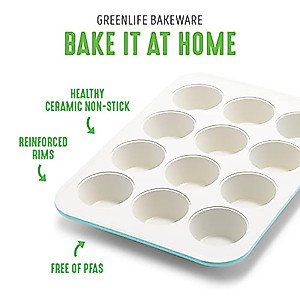 GreenLife Bakeware Healthy Ceramic Nonstick, 12 Cup Muffin and Cupcake Baking Pan, PFAS-Free, Turquoise