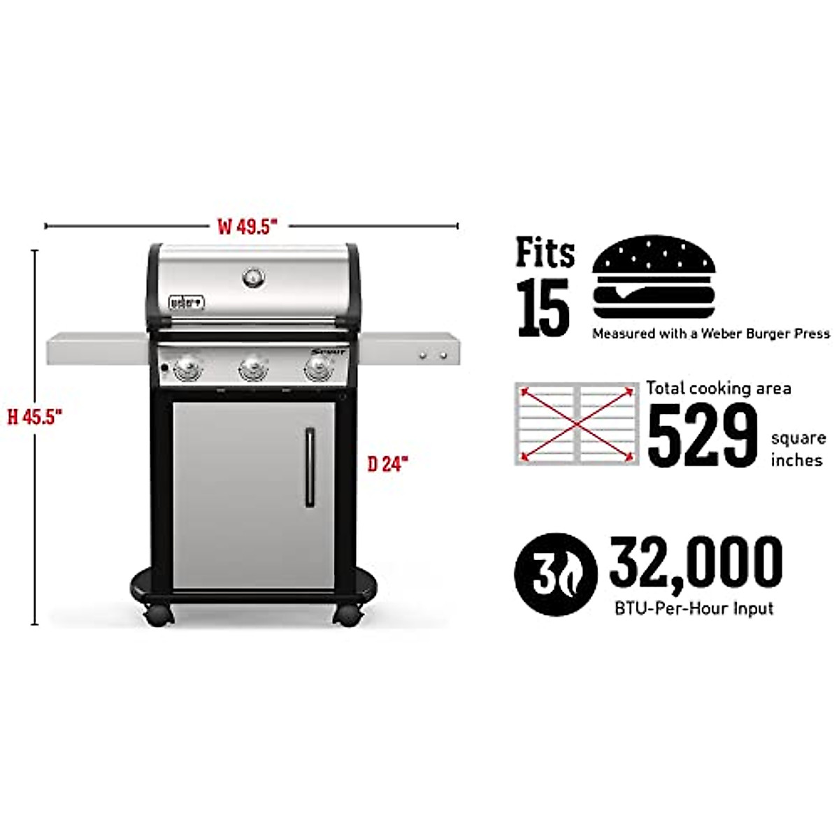 Weber Spirit S-315 Liquid Propane Gas Grill, Stainless Steel