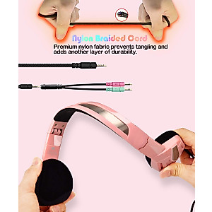 Pink Gaming Headset for Girl, Women, Kids, Teens,Stereo Headphones for PC, PS4, New Xbox One, Smartphones 3.5mm Jack wired kid headset with Detachable Mic,Adjustable Headband, Foldable. (Pink)