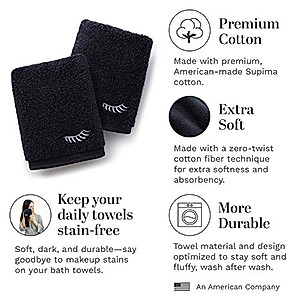 Laguna Beach Textile Co. Plush Zero Twist Supima Cotton Makeup Towels - Pack of 2 - 730 GSM - 12" x 12" (Black Wink)