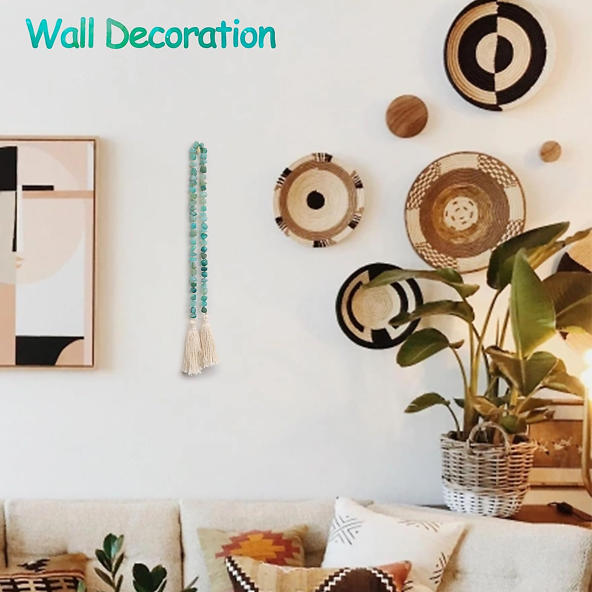 LUMITI Agate Stone Hand Knotted Garland Modern Farmhouse Rustic Table Home Decor, 30inch Meditation Accessories with Tassel, Prayer Healing Beads Boho Wall Shelf Hanging Decoration (Lime Green)