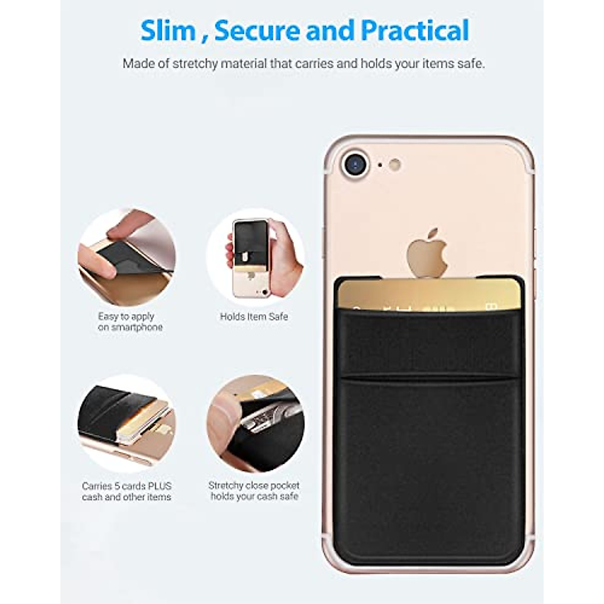 OBVIS 2 Pack Stick On Wallet Sleeve Cell Phone Pocket Card Holder Pocket Pouch for iPhone Android Smartphone (2 Pack Black)