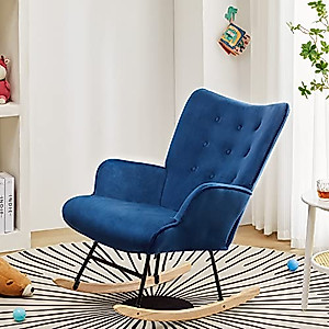 IDEALISMLIVING Rocking Chair, Nursery Glider Rocker Chair with Linen Fabric, Boho Chair with Solid Wood, Nursery Rocking Armchair for Baby Room, Rocking Chair Nursery for Living Room Bedroom (Blue)