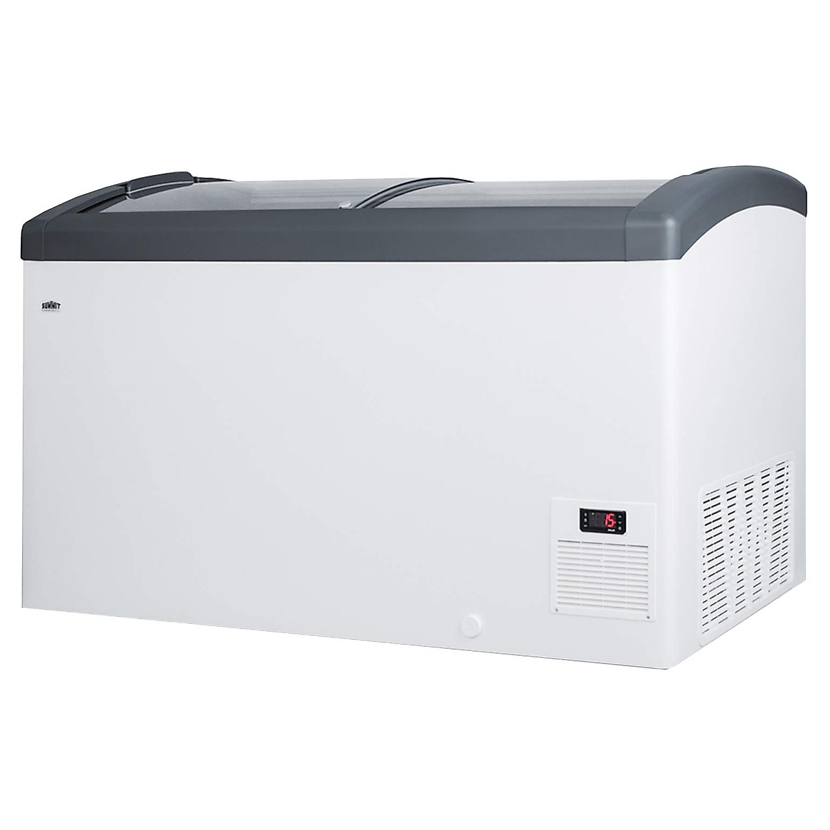 Summit FOCUS171 Top Display Commercial Freezer with 17.1 cu. ft. Capacity Digital Thermostat Sliding Glass Lid Manual Defrost Casters Hammered Aluminum Interior in White