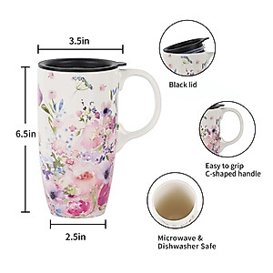 Topadorn Ceramic Coffee Mug Travel Cup Gift with Lid 17oz, Porcelain Tall Tea Cup with Handle for Home & Office, White & Pink Flower Art Pattern Mug in Gift Box, 6.5''H