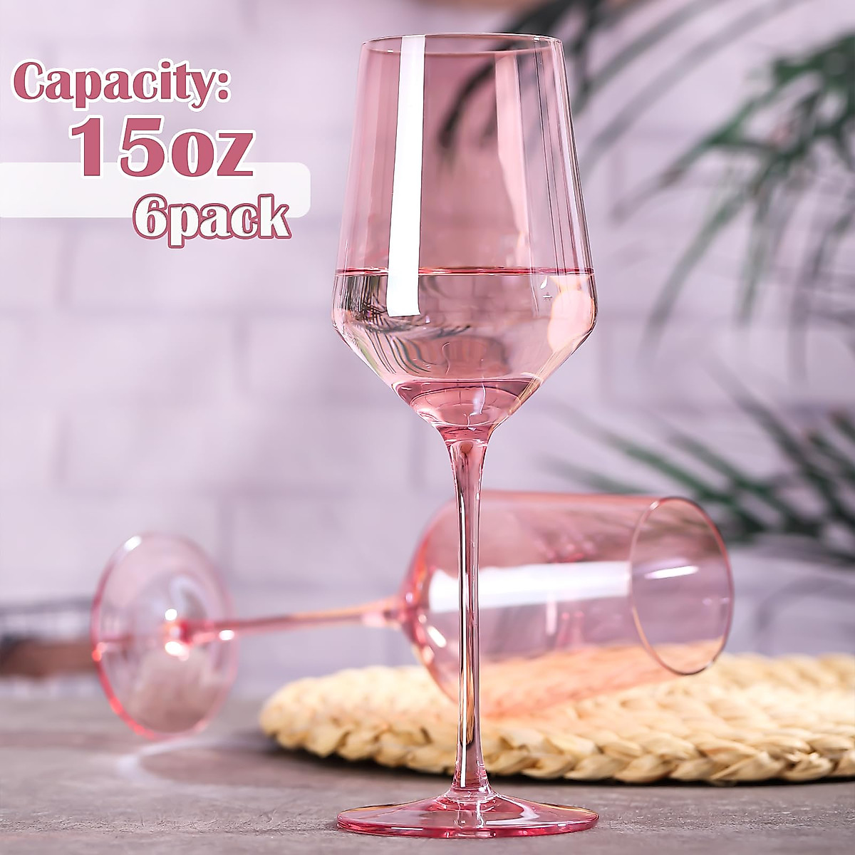 Pink Crystal Wine Glass Set of 6 - Hand-Blown Long Stem Wine Glasses, Unique Wine Glasses Gift For Wine Lovers, Dinner, Party, Wedding