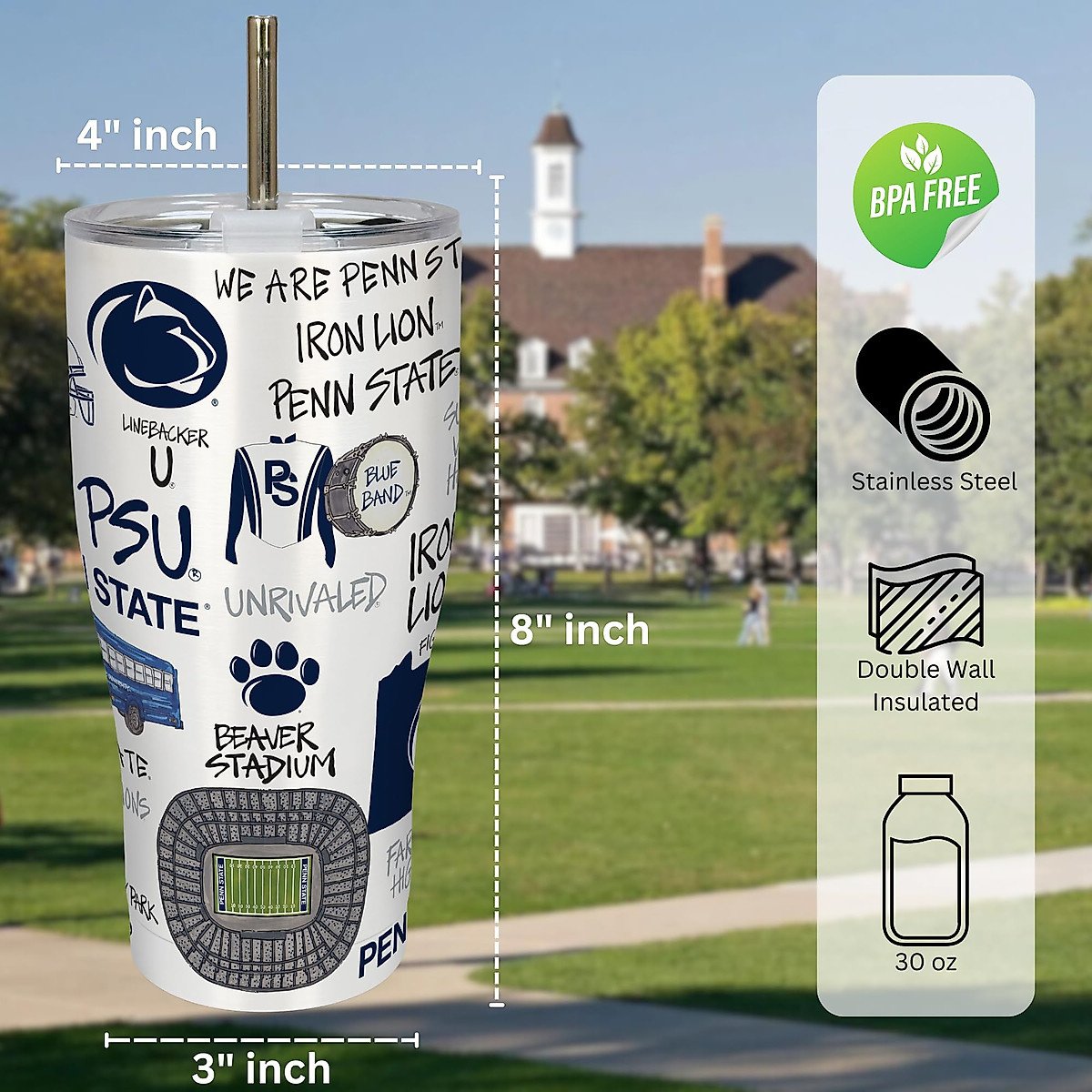 Penn State University 30oz Stainless Steel 3D Icon Travel Mug –High Performance Double-Walled Thermos w/Convertible Lid & Straw –Insulated Decorative NCAA Beverage Tumbler –For Hot or Cold Drinks