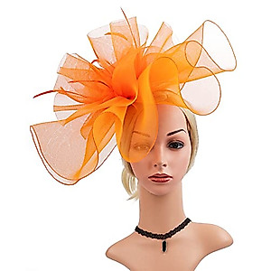 ELLYDOOR Fascinator Derby Hats for Women Large Mesh Veil Fascinator Headband Church Tea Party Pillbox Hat Orange