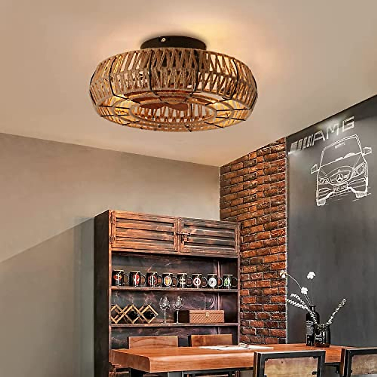 Letmarey 20" Cage Low Profile Bladeless Ceiling Fan with Light and Remote, Farmhouse Flush Mount Boho Ceiling Fans Light, Enclosed Industrial Ceiling Fan 6 Speed Reversible w/ 4 bulbs.