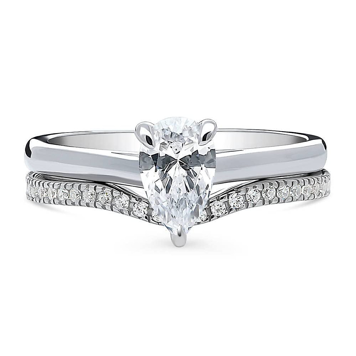 BERRICLE Sterling Silver Solitaire Wedding Engagement Rings 0.8 Carat Pear Cut Cubic Zirconia CZ Ring Set for Women, Rhodium Plated Size 5