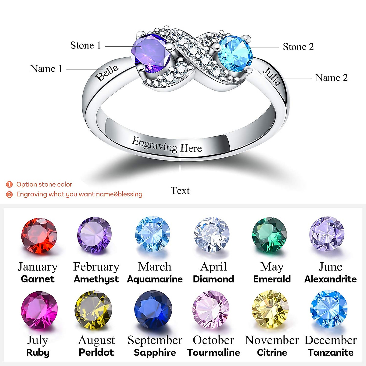 Madeone 925 Sterling Silver 14K Gold Plated Personalized Mother Rings Infinity Gem Rings Customized with 2 Birthstone 2 Names&1 Engraving Wedding Promise Rings Christmas Jewelry Gifts for Women