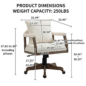 NIOIIKIT Home Office Desk Chair, Wooden Height Adjustable Swivel Task Chair, Boucle Upholstered Study Chair with Pillow, Computer Executive Chair, Vanity Chair for Bedroom (Beige)