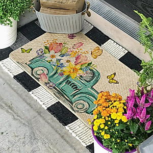 Artoid Mode Spring is in The Air Decorative Doormat, Seasonal Tulips Truck Spring Holiday Low-Profile Floor Mat Switch Mat for Indoor Outdoor 17 x 29 Inch