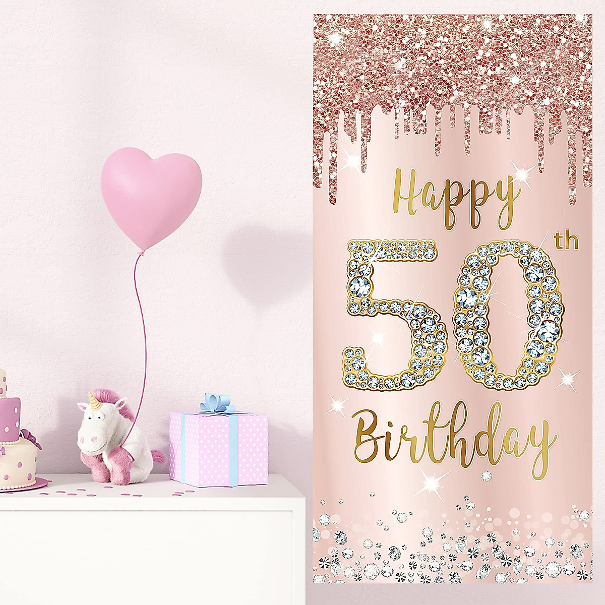 Happy 50th Birthday Door Banner Decorations for Women, Pink Rose Gold 50 Birthday Party Door Cover Sign Backdrop Supplies, Fifty Year Old Birthday Poster Background Photo Booth Props Decor