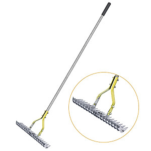 BARAYSTUS Thatch Rake, 15-Inch Wide Lawn Thatching Rake for Cleaning Dead Grass, Efficient Steel Metal Lawn Grass Rake with Stainless Steel Handle, Lawn loosening Soil Rake, 58.5-Inch Length
