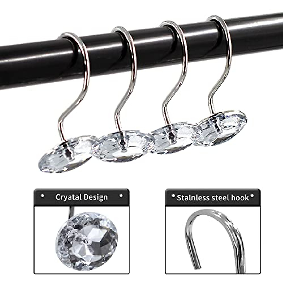 Gibelle Shower Curtain Hooks, Diamond Shaped Shower Curtain Rings Hooks for Bathroom Curtains Rod, Acrylic Decorative Rhinestones Bling Rolling Bathroom Accessories Set of 12, Clear