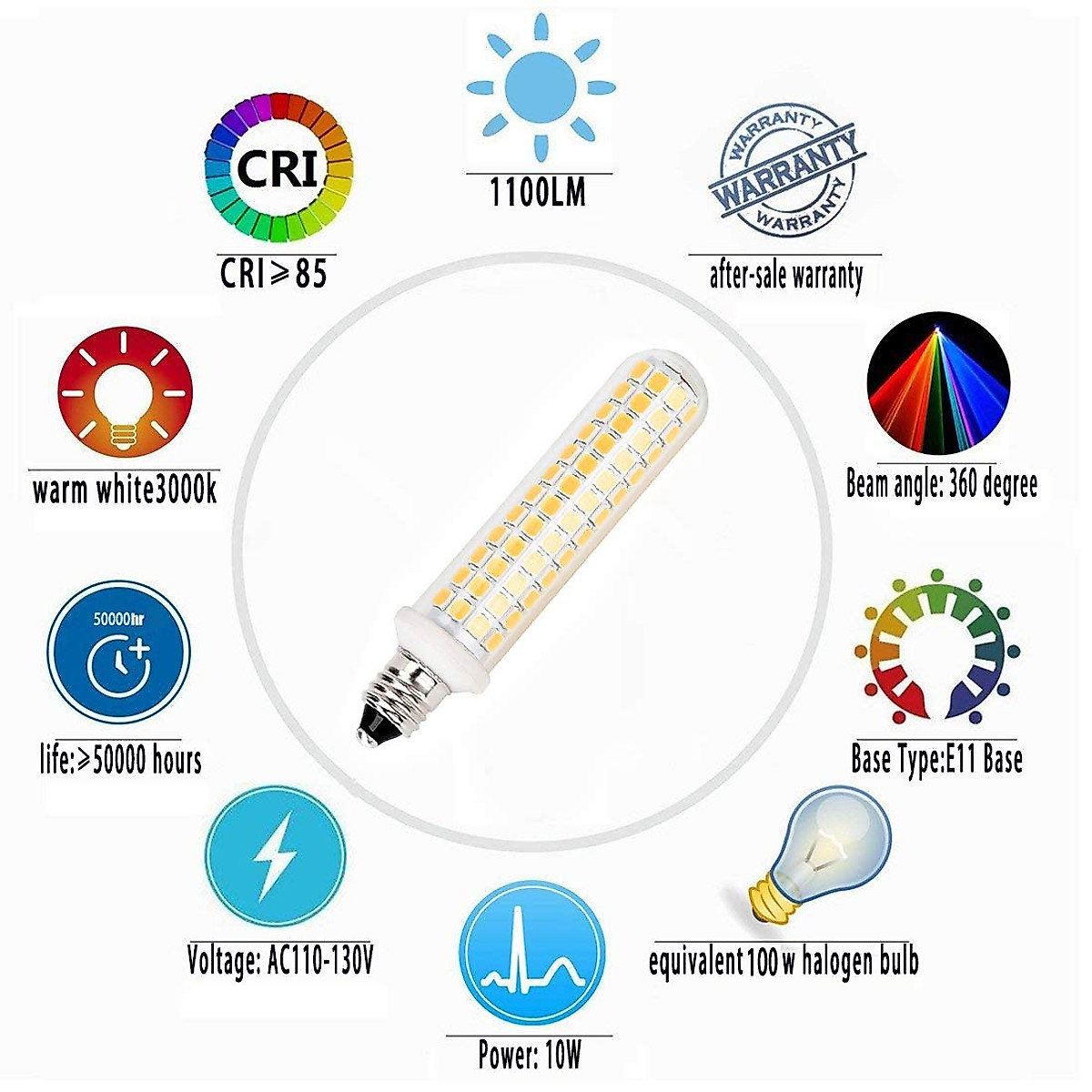 New Upgrade -E11 led Bulb,125 LEDs 100W 120W Halogen Bulbs Equivalent, 10w 1100lm, E11 Mini Candelabra Base Warm White 3000k,AC 110V/130V,JD T3 T4 Bulb (2 Packs)