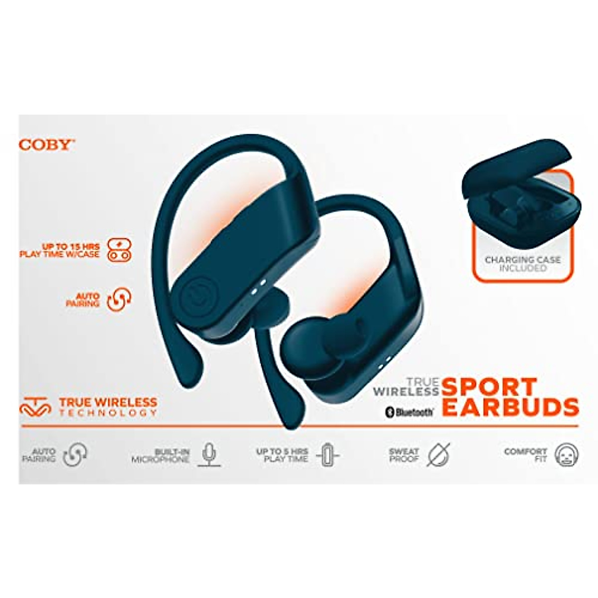 Coby True Wireless Sport Earbuds 15 Hours, Charging Case, Playback Controls, Siri and Google Assistant, Auto Bluetooth 5.0 Pairing, for Gym, Running, Workout - Works with iPhone, Android, iPad (Blue)