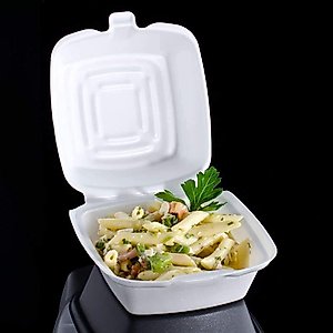 Mr. Miracle Foam Containers 6X6, Disposable Clamshell Styrafoam Containers for Food - Hinged Lid, 50 Count, Restaurant to Go Trays, Lunch Container with Recessed Lid for Stable Stack