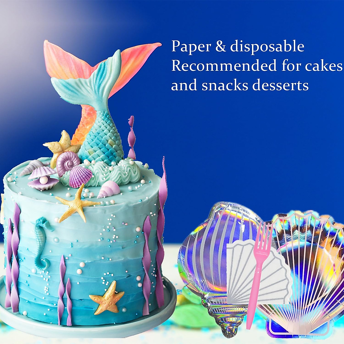 104 Pieces Mermaid Party Tableware Supplies Kit,32 Mermaid Clam Shell Plates,40 Holographic Napkins,32 Pink Forks,Disposable Mermaid Paper Plates Napkins Forks for Birthday Wedding Party (104)