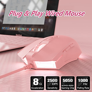 Lomiluskr AJ52 Wired Gaming Mouse, 7 Programmable Buttons, Computer Mice with RGB Lighting, 200-4800 DPI Adjustable, for Windows/Mac OS/Linux (Pink)