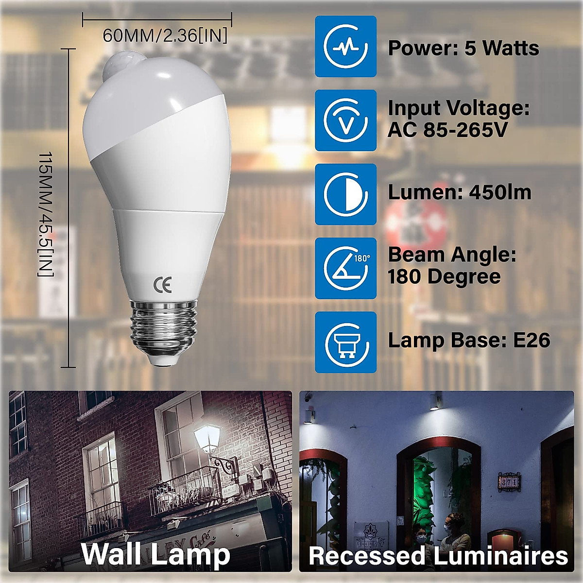 Aluxcia E26 PIR Motion Sensor LED Bulb, E26 Medium Base Motion Detector Light Dusk to Dawn Auto On/Off LED Night Light for Yard, Stairs, Garden, Carport and Storge Room Daylight 6000K, 2-Pack