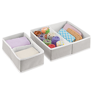 mDesign Fabric Drawer Organizer Bins, Kids/Baby Nursery Dresser, Closet, Shelf, Playroom Organization, Hold Clothes, Toys, Diapers, Blankets, Jane Collection, Set of 2, 4 Pack, Light Gray/White