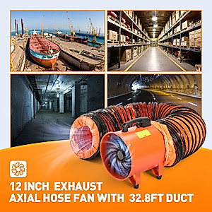 Rengue Utility Blower/Exhaust with 32.8ft Hose Fan, 1900 or 2800r/min Two Modes Heavy Duty Blower Fan 12 Inches High Velocity Ventilation Extraction and Ventilation Fan with Duct Hose