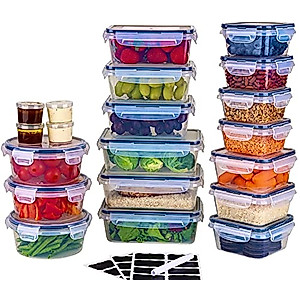40 Piece Food Storage Container Set w/ Dressing Cups (20 Containers + 20 Lids) - Airtight Plastic Containers for Kitchen Organization, Meal Prep, Leftovers, Lunch - Includes Labels & Erasable Marker