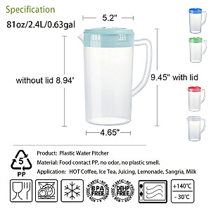 0.63 Gallon/2.4 Litre Plastic Pitcher with Lid BPA-FREE Eco-Friendly Carafes Mix Drinks Water Jug for Hot/Cold Lemonade Juice Beverage Jar Ice Tea Kettle (81oz, Blue)