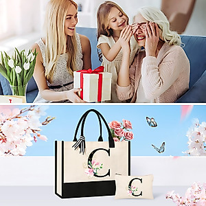 AYGE Personalized Initial Canvas Beach Bag Cosmetic Bags, Monogrammed Gifts for Women, Tote Bag, Makeup Bag, Birthday Gifts for Sister Mom Teacher Bridesmaid (C)