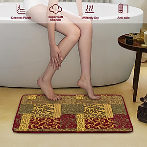Loom and Mill Luxury Bathroom Rug Set 3 Pieces, Thick Chenille Memory Foam Bath Rugs Non Slip Absorbent Washable Bath Mats Set with U Shaped Toilet Mat for Bathroom, Toilet, Bedroom, Kitchen(Red&Gold)