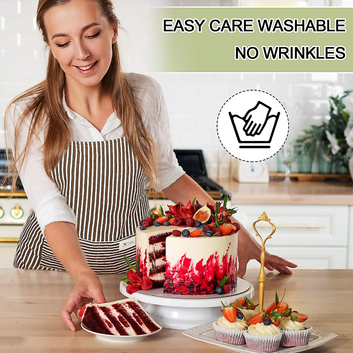 Janmercy 24 Pcs Aprons for Women Men with 2 Pockets Linen Cooking Kitchen Apron Adjustable Bib Chef Apron Bulk Aprons Unisex (Brown/Green Stripes)