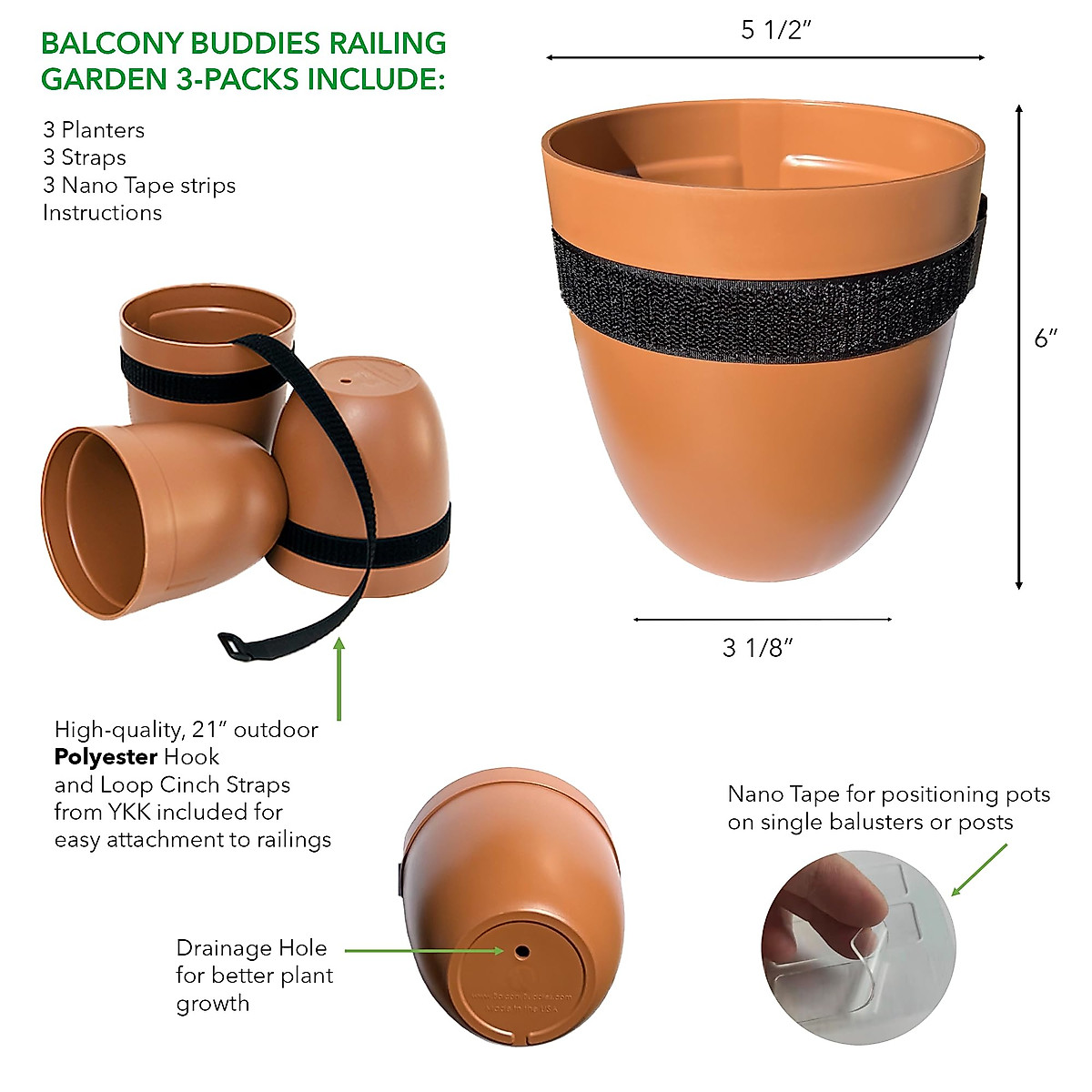 Balcony Buddies Railing Planter for Outdoor Plants (6-inch, 3-Pack) | Hanging Planter for Railings, Fence Posts | Balcony Wall Planter for Herbs, Flowers and Succulents | Made in The USA