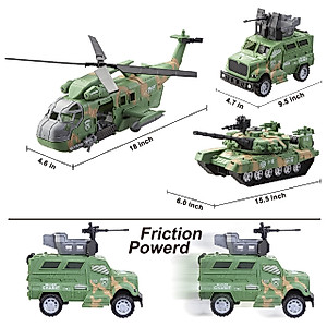 JOYIN Military Reconnaissance Vehicle Toy Set of Friction Powered Helicopter, Tank, Armored Car with Light and Sound, Motorcycle, Camp and Army Figures, Realistic Military Vehicle Playset for Kids