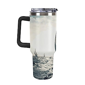 HJUQNGF 40 Oz Personalized Tumbler with Handle And Straw Ocean Sailing Stainless Steel Insulated Tumblers Reusable Car Thermal Cup Travel Coffee Mug for Women Men