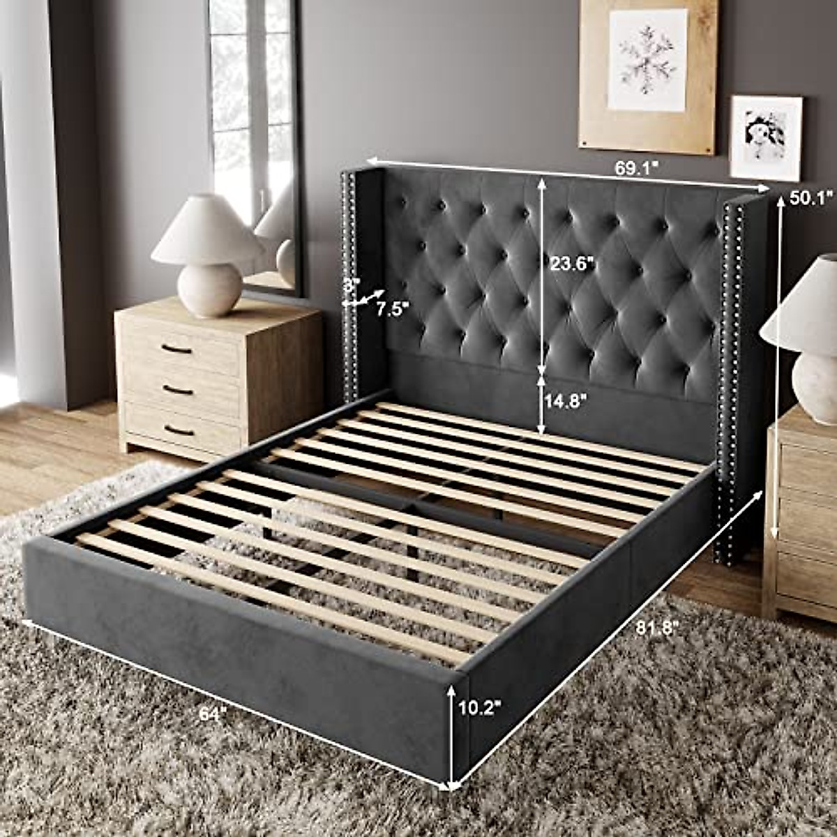 Jocisland Queen Bed Frame Upholstered Bed Wingback Headboard Velvet Tufted Diamond Button/No Box Spring Needed/Easy Assembly/Gray
