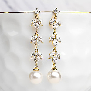 14K Gold Natural Crystal Pearl Dangle Earrings for Women, Simple Leaf Long Dangle Earrings, Fashion Christmas Jewelry Gift (Yellow Gold, 14K)