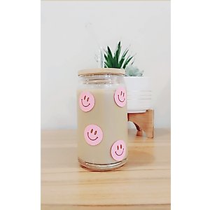 Iced Coffee Glass Cup with Bamboo Lid and Straw | 16oz Beer Can Glass | beer glass Cup | Can Shaped Glass Soda Can Cup | Pink Smiley face Glass Cup, Beer Glass Can, Glass Coffee Cup