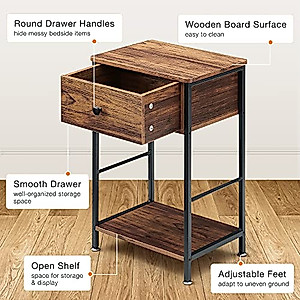 SunnyFurn Nightstand with 2 Tier Storage Shelf,Bedside Table for Living Room and Bedroom,Easy to Install Side Table,End Table with Drawer Shelves for Small Space,Set of 2 Brown
