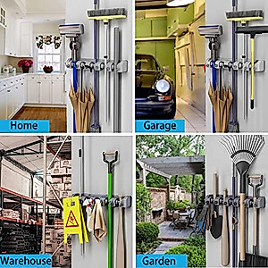 YouOKLight Broom holder wall mount, mop and broom hanger wall mount garden tool organizers storage rack, broom organizer mop holder hanger. For Home Garden Garage And Storage, 5 Slots, 6 Hooks, Grey.
