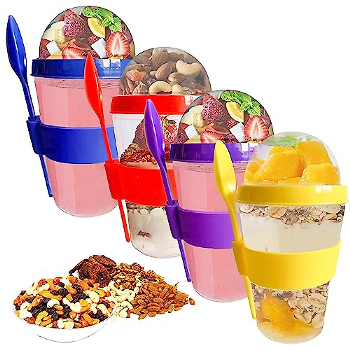 Minial Wave Pack of 4 Yogurt Parfait Cups with Lids and Spoon - Portable and Reusable - Ideal for Breakfast, Snacks, and On-the-Go crunch cup - Versatile Set of Overnight Oats Containers with Lids