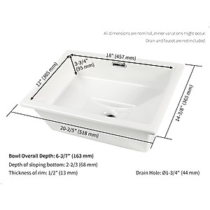 AMASHEN 20.5" x 14.4" Self-rimming Bathroom Sink Undermount or Drop-in Ceramic Vanity Basin with Overflow