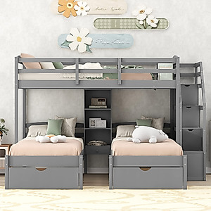 Triple Bunk Beds with Stairs , Wood Twin Over Twin & Twin Bunk Bed with Storage Drawers and Built-in Shelves, Triple Bed for Kids ,3 Bed Bunk Beds with Storage for Girls Boys ,Grey