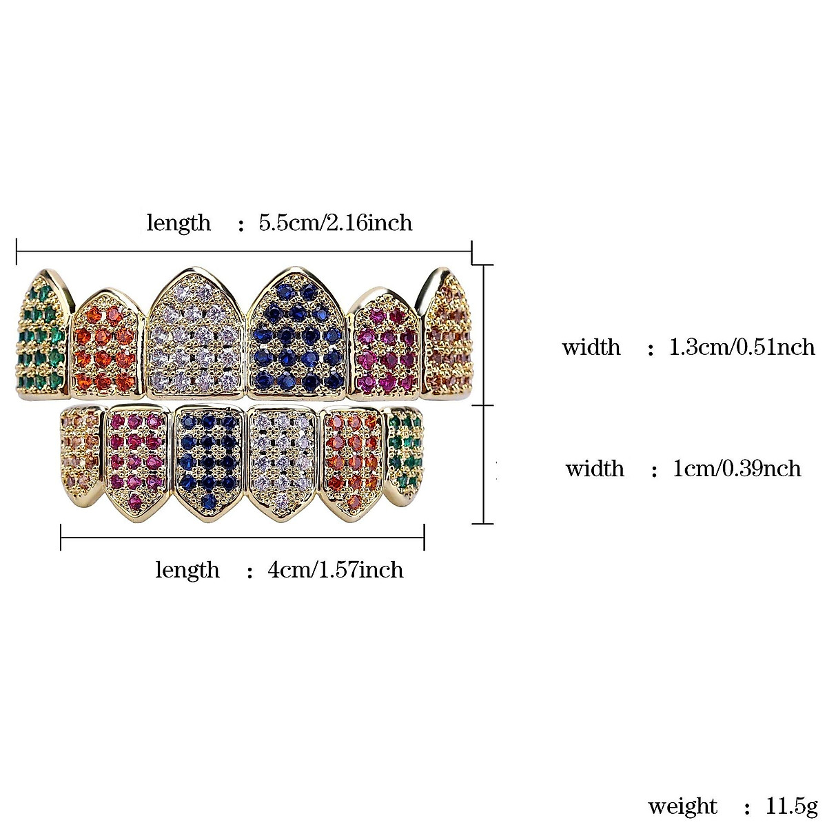 KMASAL LC8 Jewelry Hip Hop Unisex Men 18K Gold Plated Rainbow Iced Out CZ Simulated Diamond Top and Bottom Teeth Grillz Set for Women (Gold)