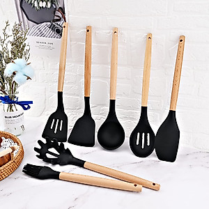 BRIIEC 11pcs Black Silicone Cooking Utensil Set with Holder Storage Bucket, Nonstick Wooden Handle Silicone Kitchen Gadgets Utensils Set Spatula Sets