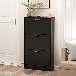 JOZZBY Shoe Cabinet for Entryway, Black Slim Shoe Cabinet with 3 Flip Drawers Narrow Shoe Storage Cabinet Freestanding Shoe Organizer for Entryway, Hallway, Living Room