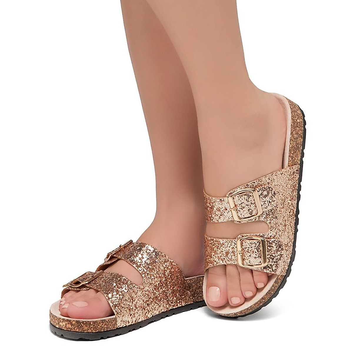 Herstyle Softey Women’s Flat Sandals Cork Footbed Slides Open Toe Slip-On Slippers with 2 Adjustable Straps Comfort Slides for Summer Vacation and Daily Wear, 1836RosegoldGlitterr, Size 9.0